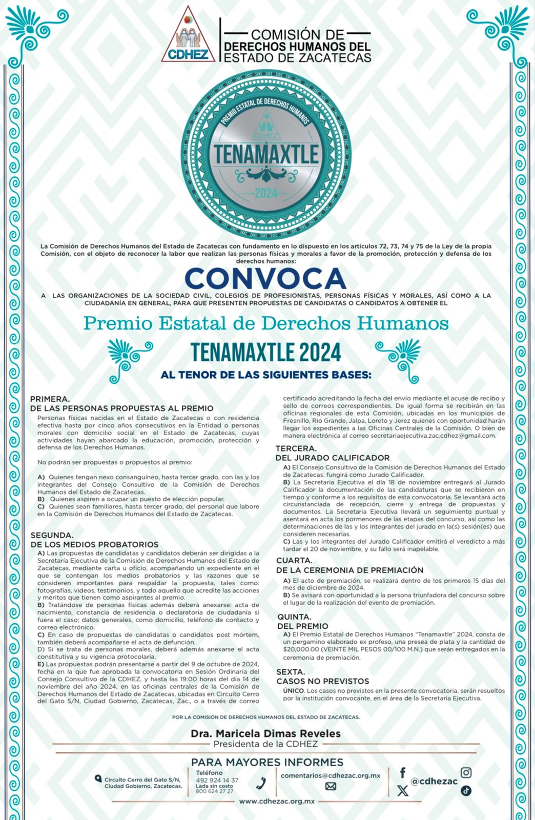 Convoca CDHEZ a premio estatal de derechos humanos “Tenamaxtle 2024 ...